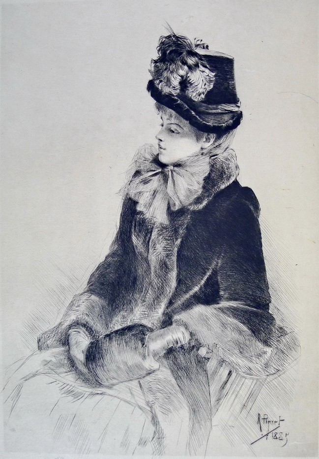 Rodolphe PIGUET (1840-1915), GRAVURE, JEUNE FEMME AU CHAPEAU ET AU MANCHON.