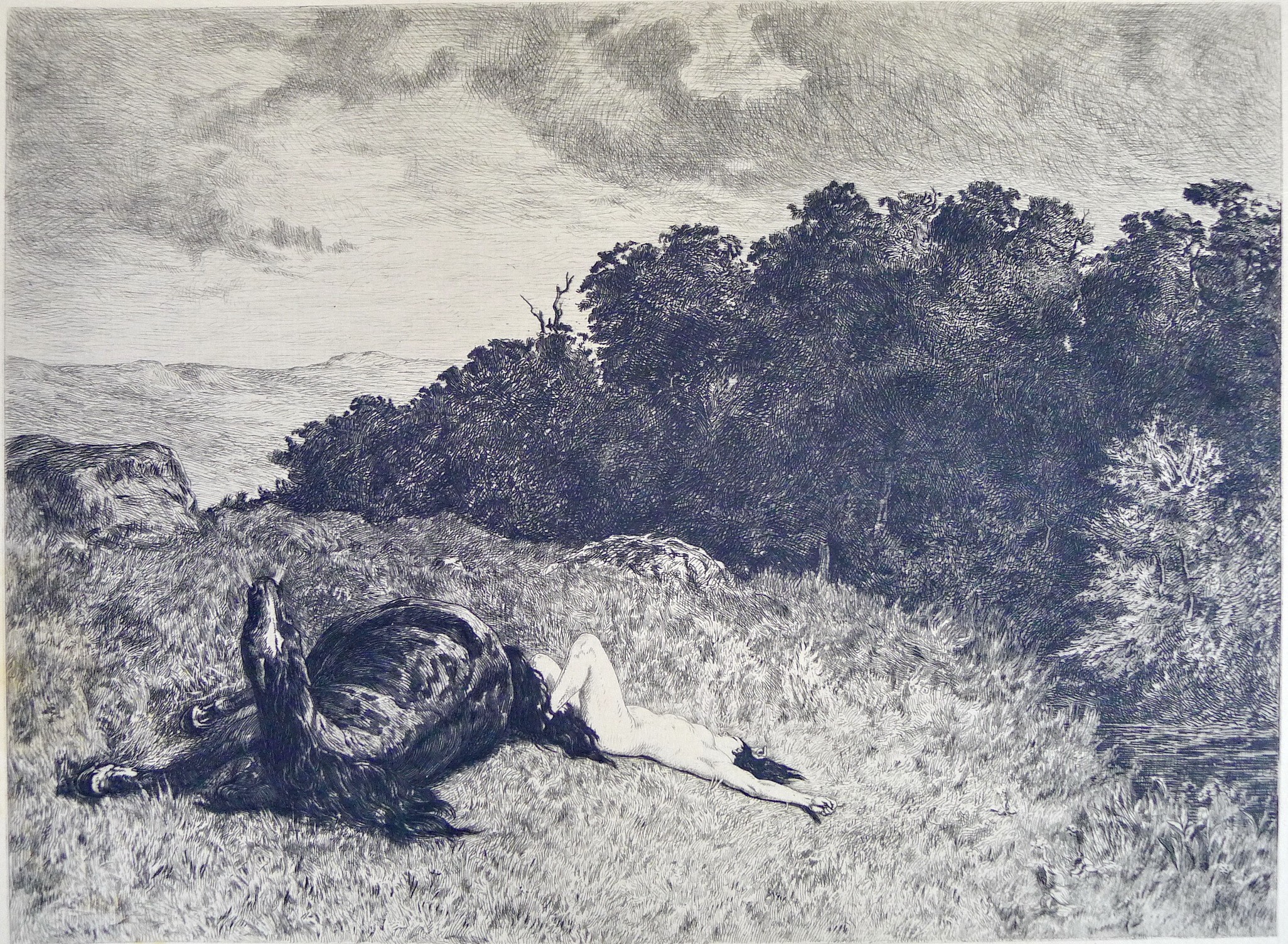 Lionel Aristide LE COUTEUX (1847-?), GRAVURE, CHEVAL ET FEMME ALLONGES.